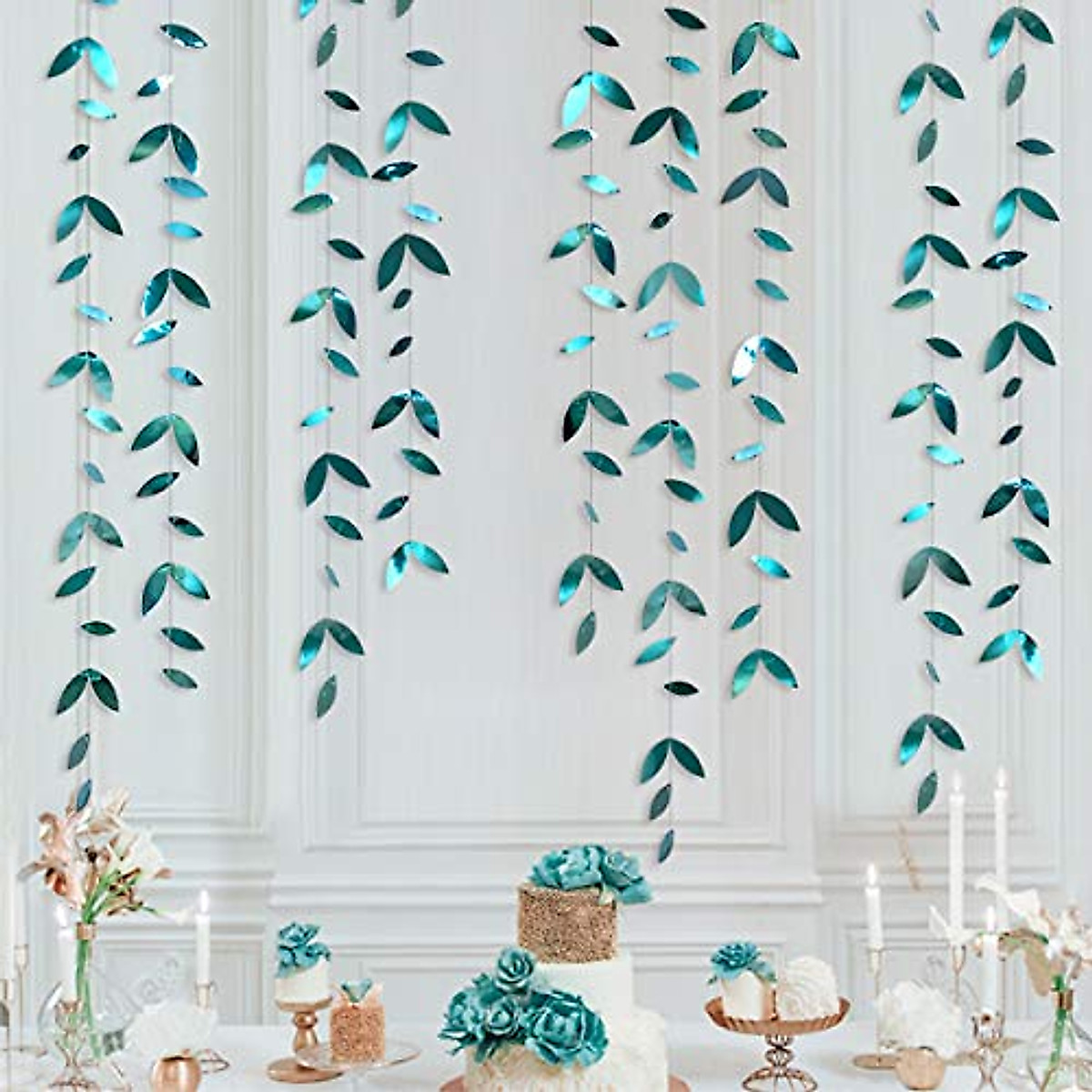 52 Ft Hunter Green Leaf Garland Emerald Turquoise Dark Green Paper Hanging Leaves Streamer Teal Aqua Green Banner for Anniversary Wedding Bridal Shower Engagement Spring Summer Party Decorations