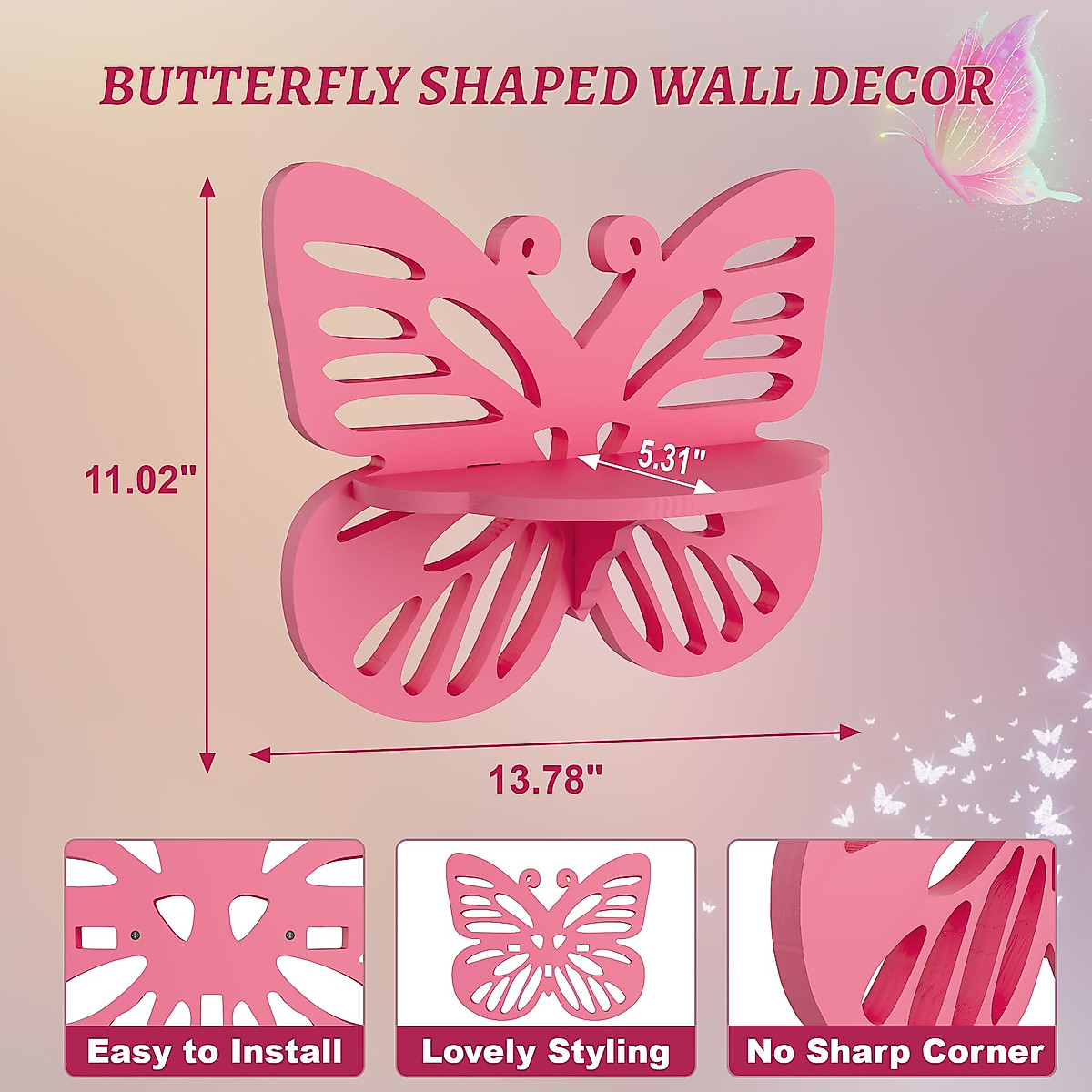 Pink Butterfly Shaped Floating Shelf for Girl’s Room, Cute Wall Display Rack for Nursery Decor, Small Decorative Shelf Wall Mounted, Wood Hanging Wall Shelf for Toys, Plants and Decorations Storage