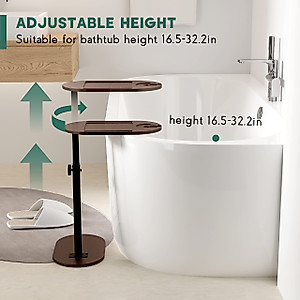 Yumkfoi Bamboo Bathtub Tray Table with Adjustable Height, Freestanding Bath Caddy Side Table for Tub Against Wall, Tub Shelf with Wine Glass Phone Holder, Functional Tray - Patent Protected (Brown)