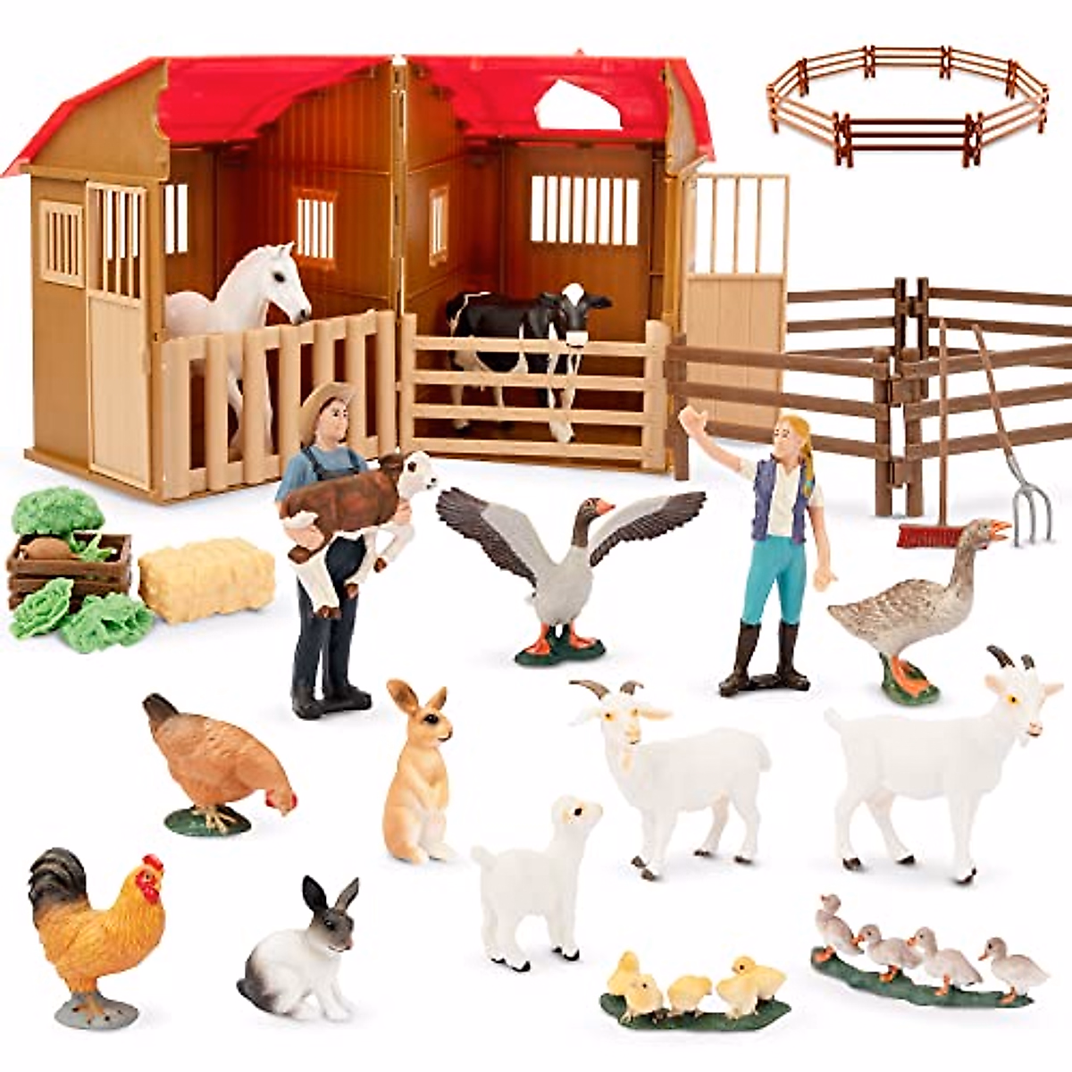 Toymany 40PCS Barn House Toys Farm Animals Figures with Fence Farm Playset, Plastic Farm Figurines Farmhouse Toys, Farmers Horse Cow Hen & Fodders, Christmas Birthday Gift for Kids Toddlers