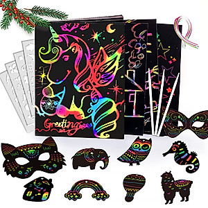 crelloci Scratch Paper Art Set for Kids, Rainbow Scratch Off Craft Kit for Girl Boy, Magic Gift Pad Sheet with Mask Stencil Ornaments, DIY Drawing Supply for Birthday Party Favor Christmas