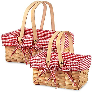 2 Pieces Different Sizes Picnic Baskets Natural Woven Basket with Double Folding Handles, Woodchip Basket Easter Basket for Easter Egg Candy Halloween Children's Toy Storage (Red and White)