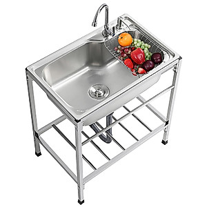 QQXX Commercial Kitchen Sink Single Bowl,Free Standing Stainless Steel Sink Set with Water Faucet,Utility Outdoor Sink for Washing,Heavy Duty Restaurant Sink for Laundry Backyard Home