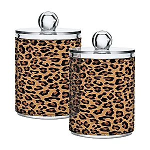 Kigai Leopard Animal Print Qtip Dispenser Apothecary Jars Bathroom, 2 Pack of 14 oz - Qtip Holder Storage Canister Clear Plastic Acrylic Jar for Cotton Ball, Cotton Swab, Cotton Round Pads, Floss