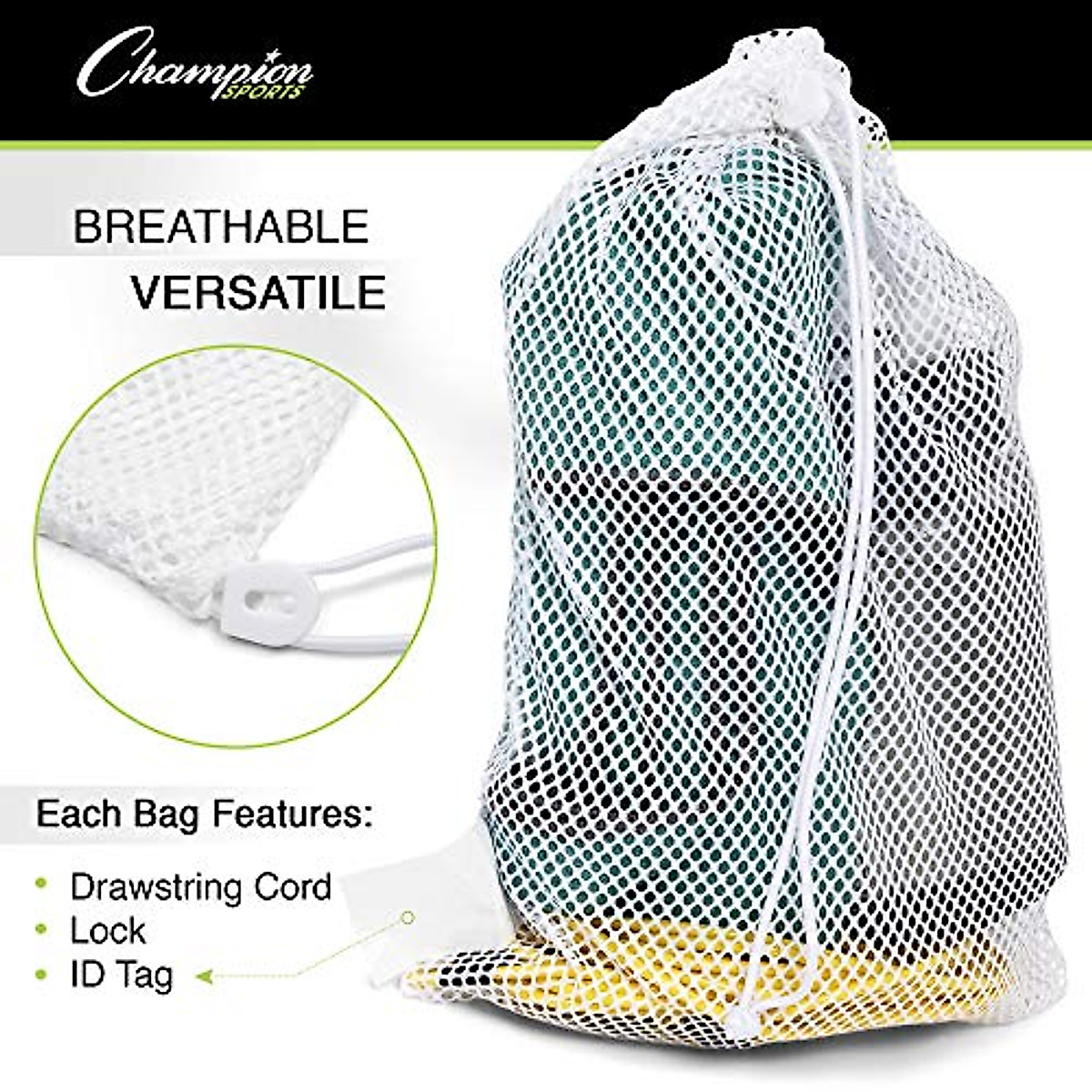 Champion Sports Mesh Sports Equipment Bag, Purple, 12x18 Inches - Multipurpose, Nylon Drawstring Bag with Lock and ID Tag for Balls, Beach, Laundry