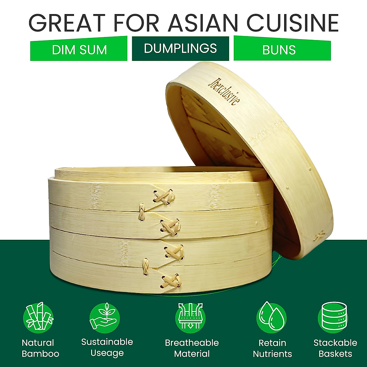 Bamboo Steamer Basket 2 Tier Wooden Basket With Handle Complete Kit for Dumpling Steamer Basket, Reusable Silicone Liner, Veggie Bamboo Basket 10 Inch Steamer for Cooking Bao Buns, Dim Sum - Steaming Basket