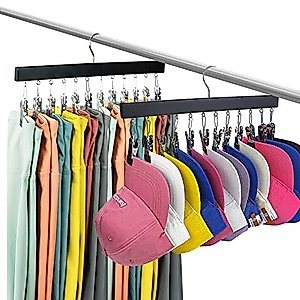 Pant Organizer for Closet, Knaive 2 Pack Pants Hangers Space Saving with 24 Strong Grip Clips Holds Leggings/Jeans/Hats/Wigs, Closet Organizer and Storage, Black Wood Hanger for Women Gift