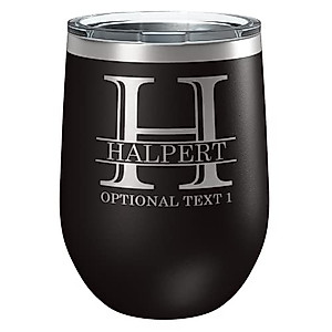 Personalized 12oz (17 Colors) Powder Coated Stainless Steel Stemless Wine Tumbler with Lid, Custom Etched, Customized Gift for Women Her, Wine Lover, Halpert Monogram Initial Name (Black)
