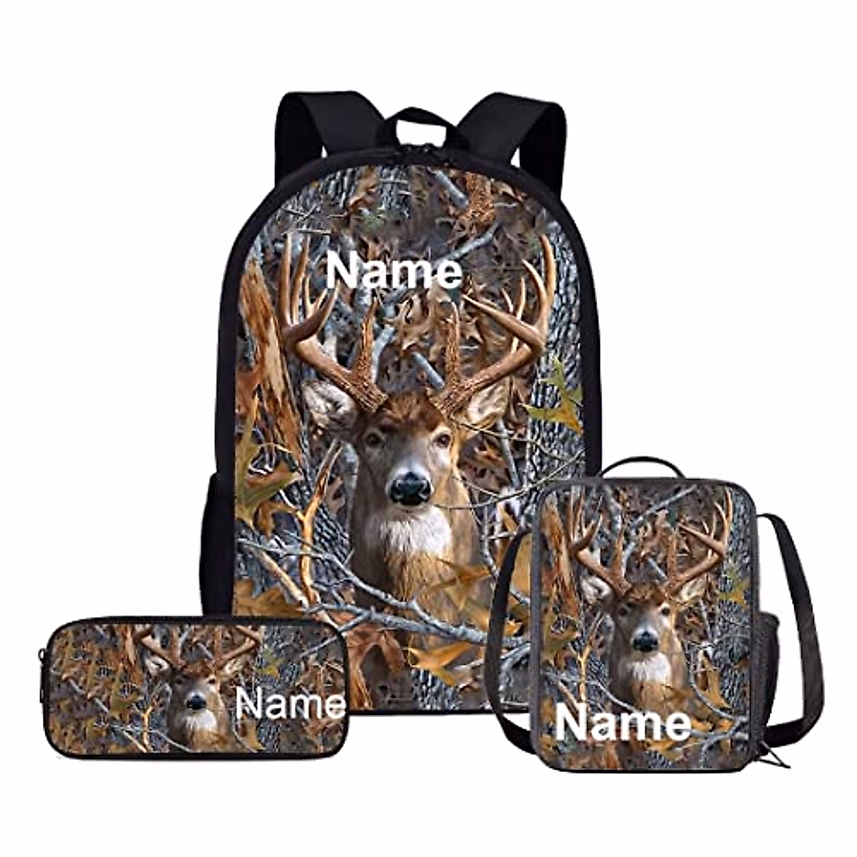 Uourmeti Custom Name Deer Camo Boys Backpack and Lunchbox Pencil Case Set 3 in 1 Personalized Kindergarten Elementary Middle School Bookbags and Lunch Box Set for Teens Kids Book Bags Girls Scoolbag