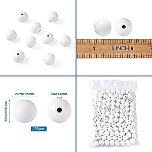 100pcs Painted White Wood Beads 25mm Round European Large Hole Beads Natural Wooden Painted Loose Spacer Ball Beads with 5.5mm Large Hole Beads Charms for DIY Jewelry Making Home Decor