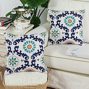 CaliTime Canvas Throw Pillow Cover Case for Couch Sofa Home Decoration Three-Tone Dahlia Floral Compass Geometric 20 X 20 Inches Navy/Teal/Orange