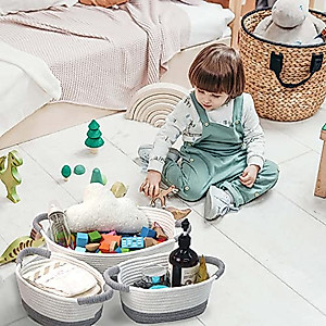Caroeas 3-Piece Rectangle Small Cotton Rope Basket, Woven Storage Basket, Home Decor Shallow Basket for Baby, Nursery, Toy Storage, Montessori, White and Gray