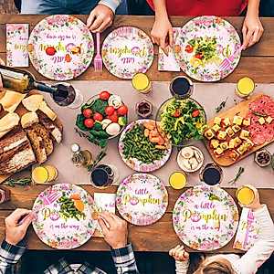 Kepeel 96Pcs Fall Little Pumpkin Baby Shower Plates and Napkins, Autumn A Little Pumpkin is on The Way Party Supplies Decorations Thanksgiving Girl Pink Floral Baby Shower Tableware Kit, Serves 24
