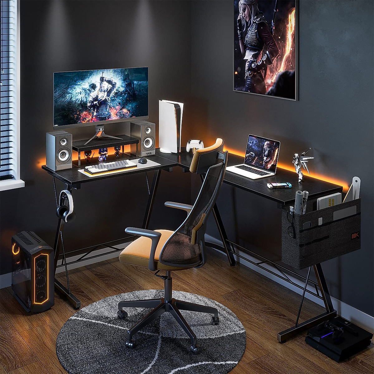 Casaottima L Shaped Gaming Desk, 58" Home Office Desk with Round Corner, Computer Desk with Large Monitor Stand Desk Workstation, Black