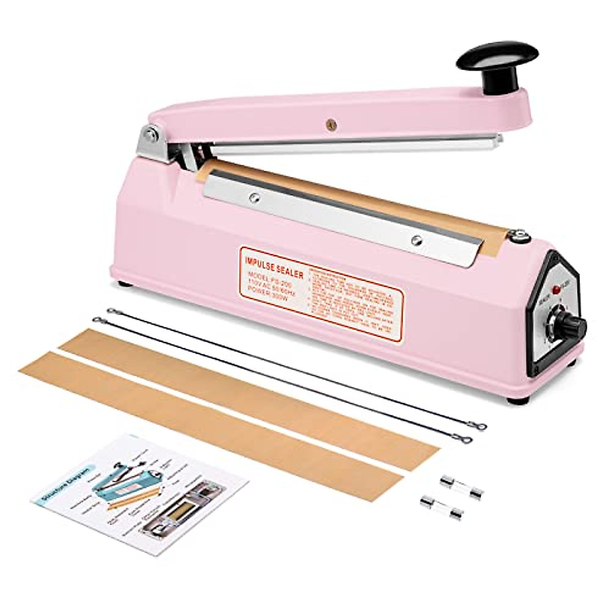 METRONIC Impulse Sealer 8 inch, Manual Heat Sealer Machine for Plastic Bags, Shrink Wrap Bag Sealers Heavy Duty Sealing Machine with Repair Kit ( Pink)