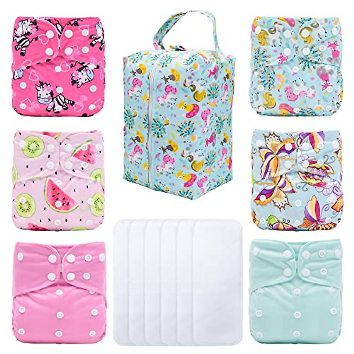 Mumsbest Cloth Diaper for Baby Girls with Tummy Panel, 6 Pack Reusable Adjustable Washable AWJ Lining Pocket Nappy with 6 Inserts & 1 Diaper Wet Bag (Girl)