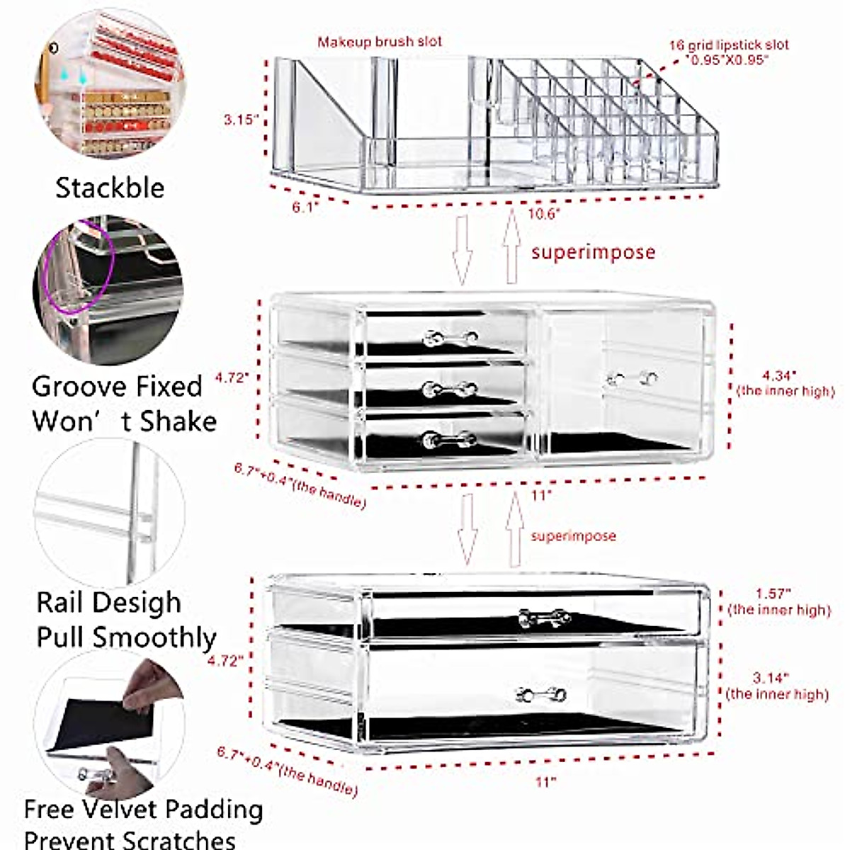 Cq acrylic Clear Makeup Storage Organizer Drawers Skin Care X Large Cosmetic Display Cases Stackable Storage Box With 6 Drawers For Dresser,Set of 3