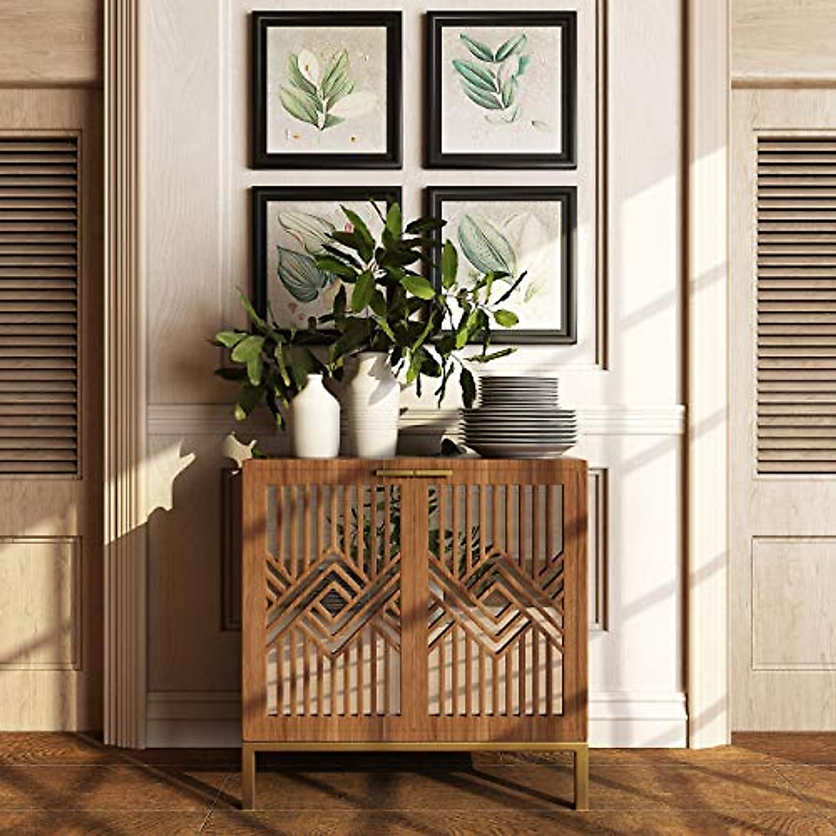 COZAYH 2 Door Accent Cabinet Modern Mirror Fronts Clean-Lined Silhouette, Natural