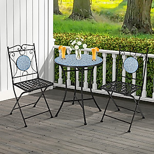 Tangkula 3 Pieces Patio Bistro Set, Outdoor Garden Furniture Set with Mosaic Round Table and 2 Folding Chairs, Outdoor Bistro Set for Porch, Terrace, Balcony