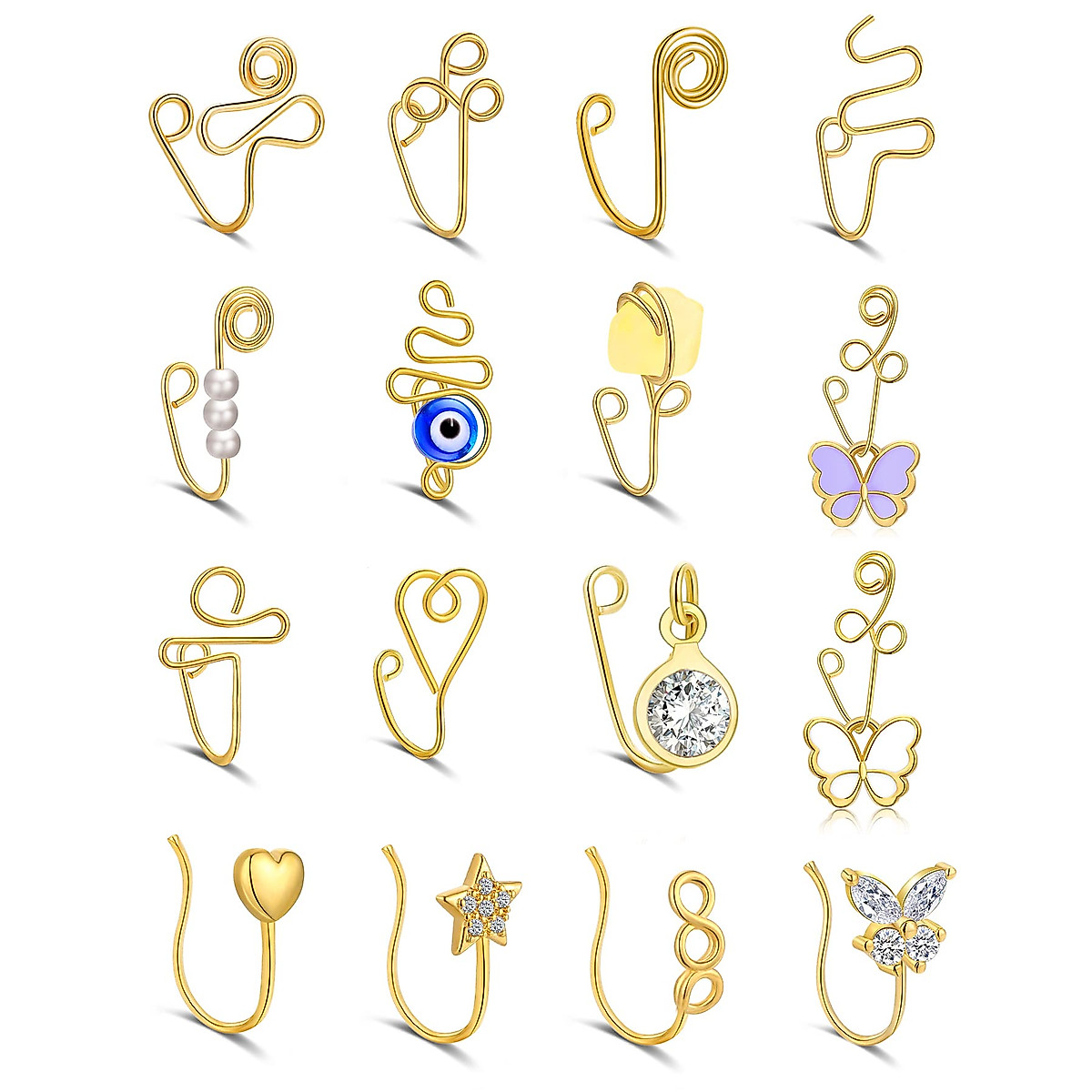 TOBENY 16-24PCS African Nose Cuffs for Women Multi-Style Faux Fake Nose Ring Non Piercing for Teen Girls Small Clip on Nose Ring Set