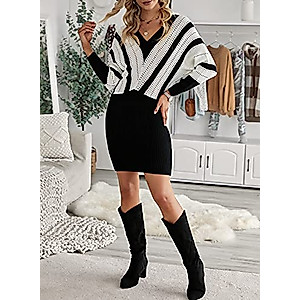 Dokotoo Color Block V-Neck Sweater Dress for Women - Long Sleeve Casual Loose Jumper with Elasticity - Winter Knitted Midi Dress - Black, Medium