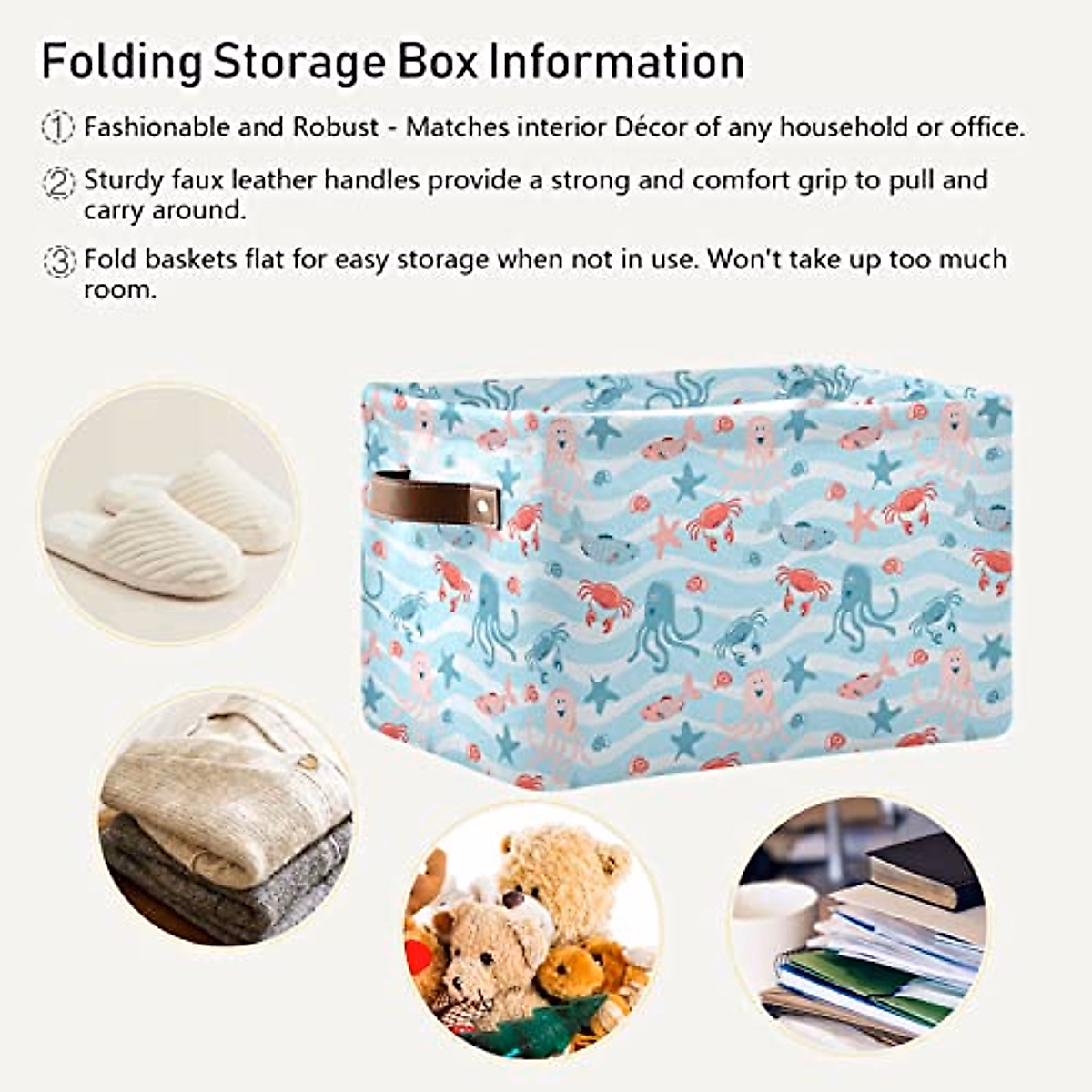 xigua Cartoon Octopus Fish Crabs Shellfish Square Storage Basket,Collapsible Sturdy Fabric Storage Basket Cube W/Handles for Clothes Toy Closet(1 pcs)