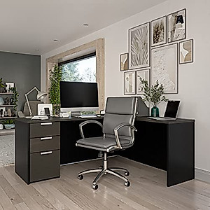 Bestar Pro-Concept Plus L-Shaped Desk with Pedestal, Deep Grey & Black