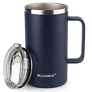 SILICANICE 24 oz stainless steel glass with handle double-wall insulation, easy to hold and clean, suitable for coffee, beverages, cola, protein powder, beer Navy