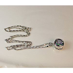 Phonphisai shop 18K White Gold Filled- 12MM Mystical Rainbow Topaz Round Pendant Women Necklace