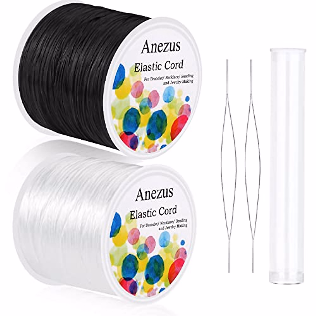 Stretchy String for Bracelets, Anezus 2Pcs Elastic String Jewelry Bead Cord with Large Eye Beading Needles for Seed Beads, Pony Beads, Clay Beads, Bracelet, Necklace and Jewelry Making, Black & White