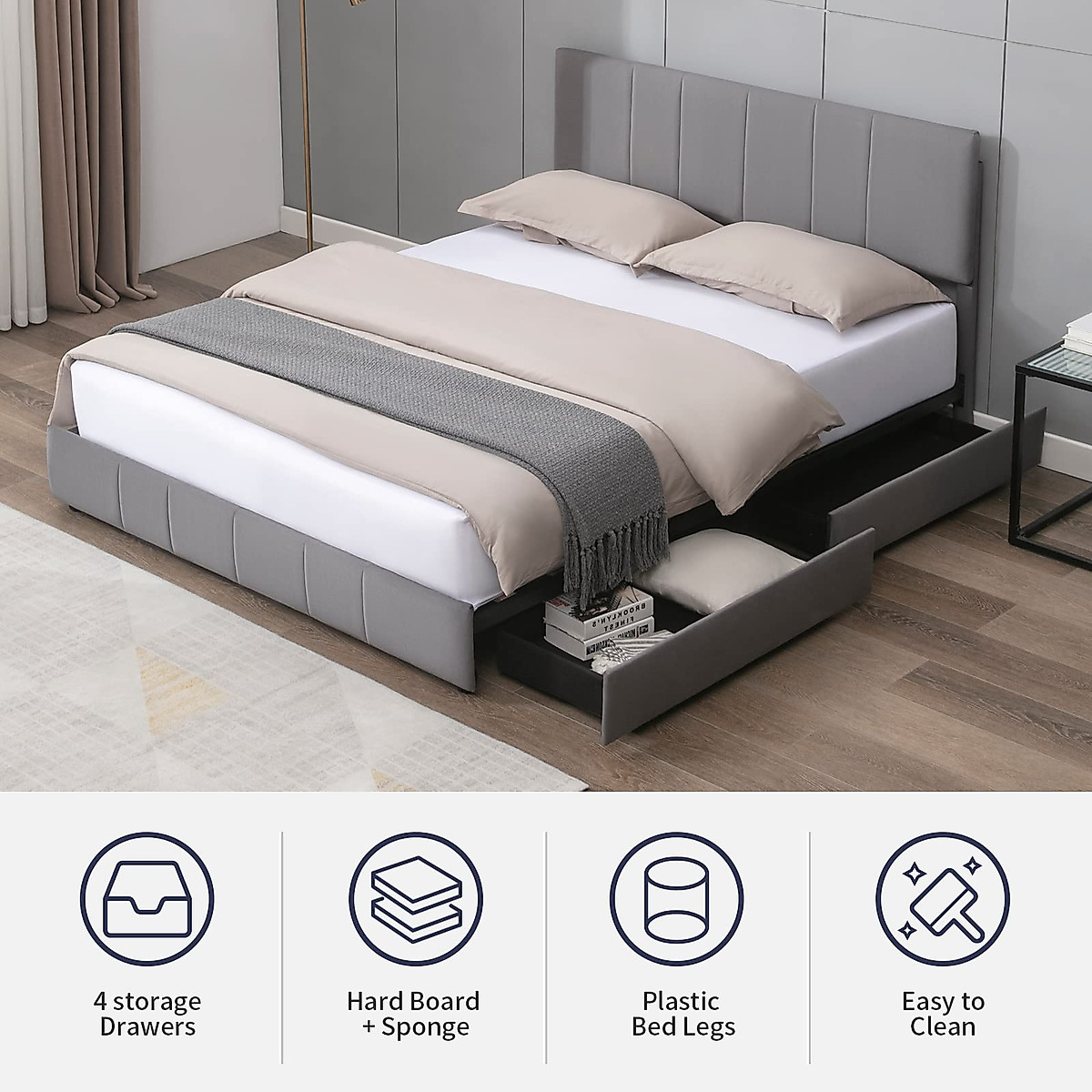 Platform Full Size Bed Frame with 4 Storage Drawers,Upholstered Full Bed Frame with Velvet Tufted Headboard Adjustable,Solid Wooden Slat Support,No Box Spring Needed,Dark Grey