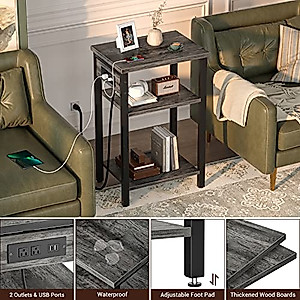 Cyclysio End Table Set of 2 with Charging Station, 3 Tier Small Nightstand with Storage Shelf, Slim Side Table with USB Ports & Outlets, Modern Sofa Bedside Table for Bedroom, Living Room, Gray Oak