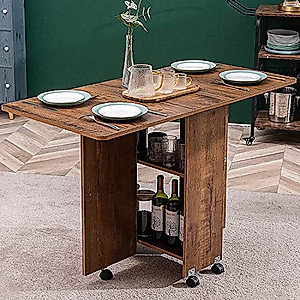 EazeHome Mobile Folding Dining Table, Versatile Dinner Table with 6 Wheels and 2 Storage Racks, Drop Leaf Table for Space Saving Extendable Kitchen Table, Brown Foldable Table