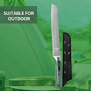 FULLHI Bread Knives, Multi-Color 8-Inch Japanese Knife with Sheath 2pcs, Cake Knife Stainless Steel Kitchen Knife with Guard (Green Wood)