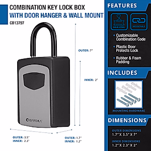 Barska Security Key Safe Lock Box with Combination Lock with Door Hanger & Wall Mount for Realtor, House Keys, Outdoor, Hidden Key Storage