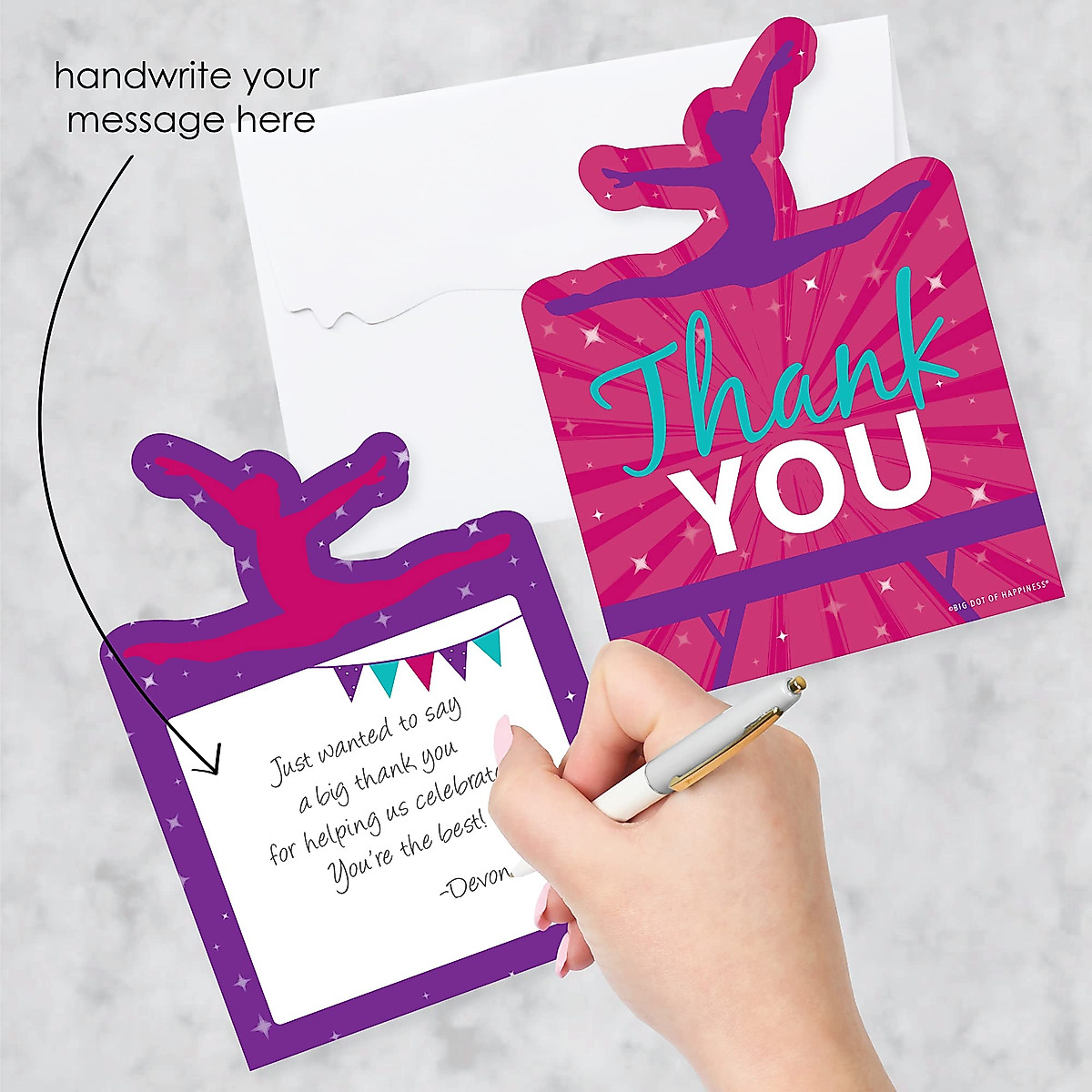 Big Dot of Happiness Tumble, Flip and Twirl - Gymnastics - Shaped Thank You Cards - Birthday Party or Gymnast Party Thank You Note Cards with Envelopes - Set of 12