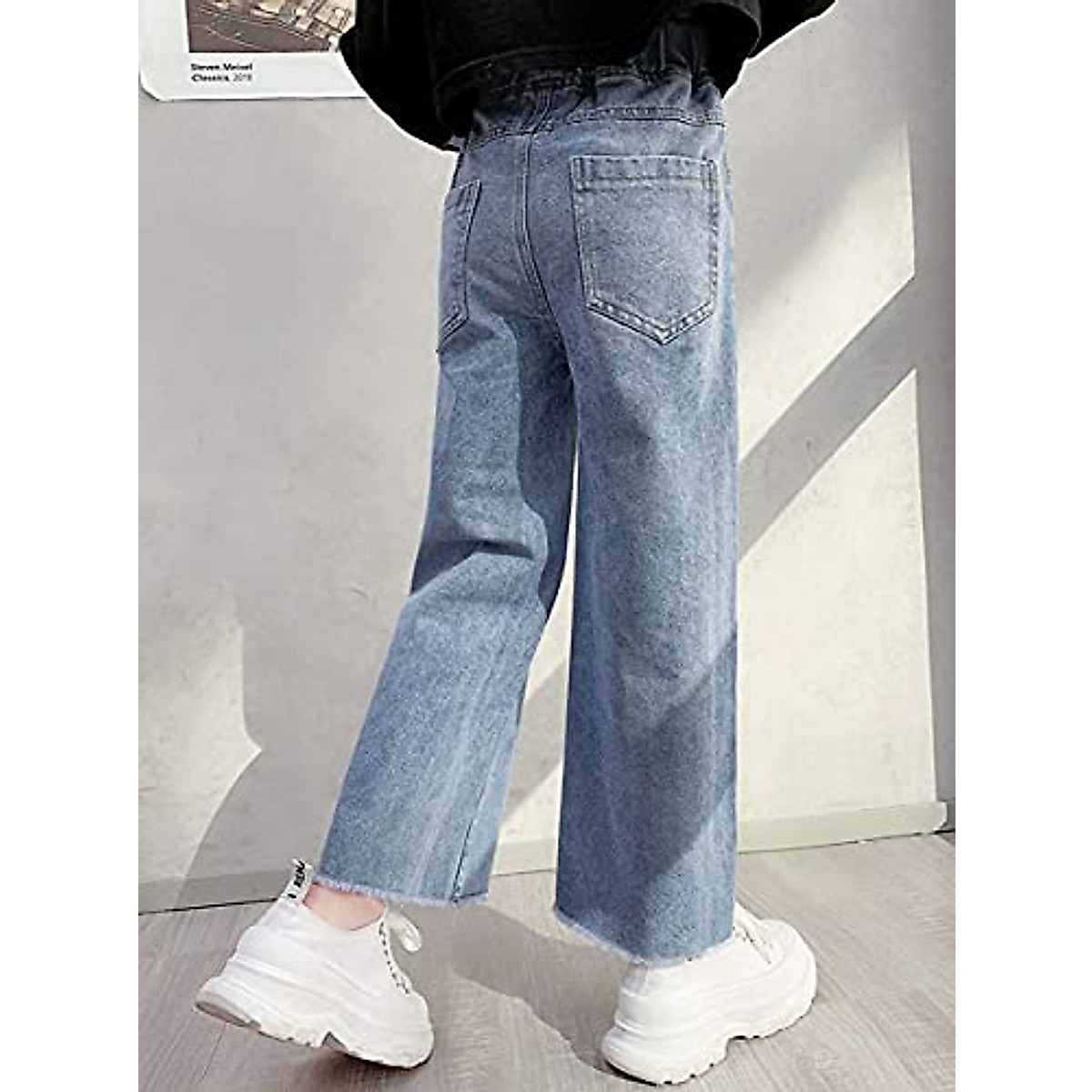 NABER Kids Girls' Casual Elastic Waist Denim Pants Heart Pattern Wide Leg Fashion Jeans Age 4-14 Years (14-15 Years) Blue