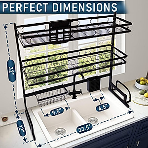 Ecomerr Over The Sink Dish Drying Rack (25.6" to 37.4" L) Adjustable - 3 Tier Stainless Steel Over The Sink Dish Rack with Sink Caddy, Utensil & Cutting Board Holder - Kitchen Counter Space Saver