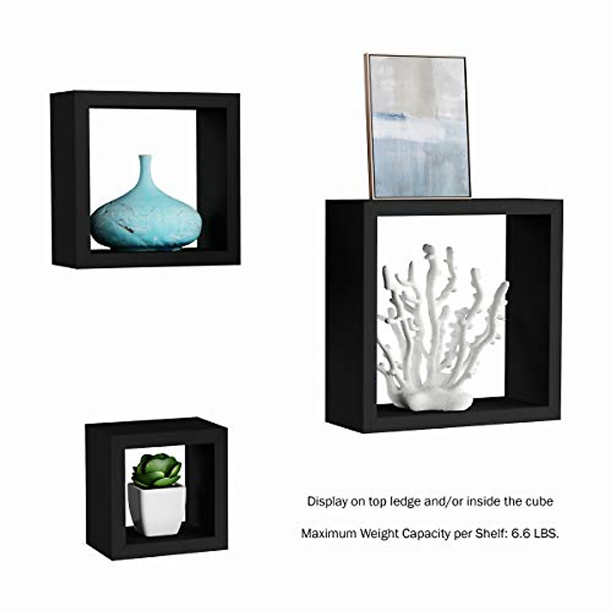 Lavish Home (Black Floating Shelves-Cube Wall Shelf Set with Hidden Brackets, 3 Sizes to Display Décor, Books, Photos, More-Hardware Included, 9"x3.5"x9"