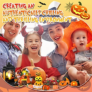 Barydat 18 Pcs Halloween Village Accessories Set Halloween Miniature Figurines Decoration Ornaments Pumpkin House Pumpkin Statues LED Pumpkin Spiderweb Halloween Crafts DIY Garden Table Decor