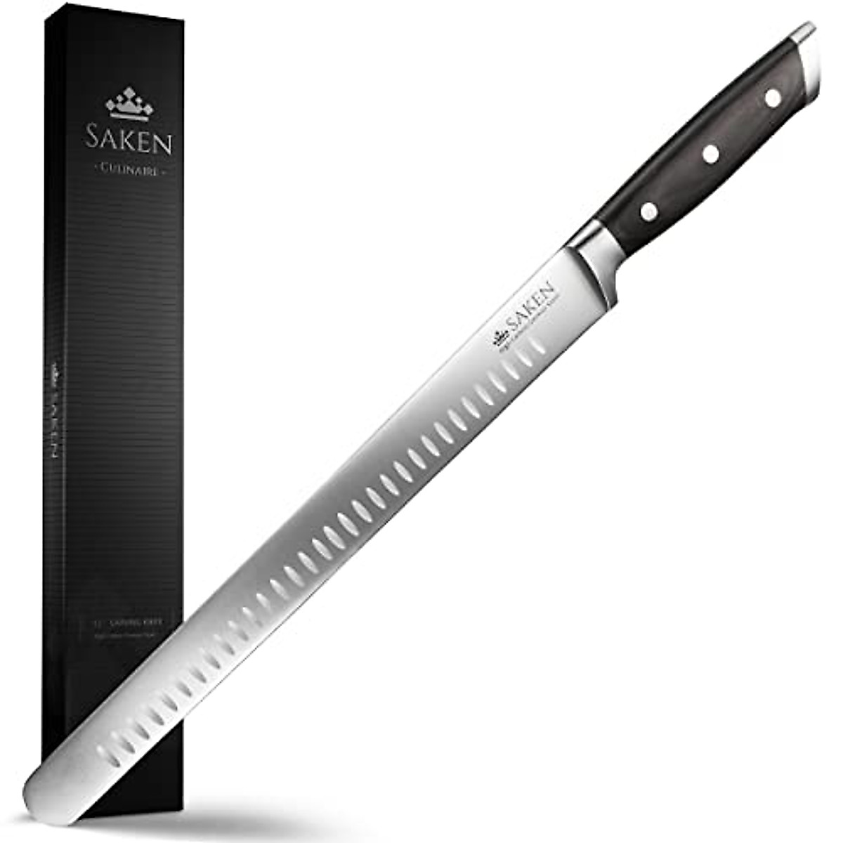 Saken 12-inch Granton Edge Slicing Knife - High-Carbon German Steel Carving Knife with Satin-Finished Black Ergonomic Handle - Multipurpose Slicing Kitchen Knife for Meat, Fish, Brisket, Veggies