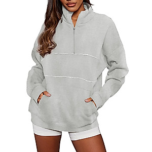 BLENCOT Womens Oversized Quarter Zip Contrast Stitch Pullover Sweatshirt Loose Up Drop Shoulder Winter Y2K Tops Gray XL