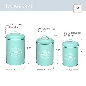 Baie Maison Large Turquoise Farmhouse Canister Sets for Kitchen Counter Airtight - Set of 3 Rustic Coffee, Sugar Tea Storage Containers - Teal Decor Jars - Vintage Kitchen Canisters Set for Countertop