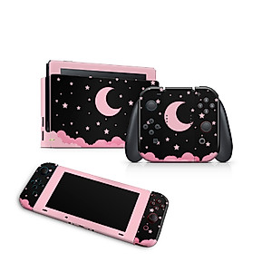 ZOOMHITSKINS Compatible with Switch Skin Cover Head in The Cloud Crescent Moon Stars Cute Kawaii Anime Pink Black Vinyl Decal Sticker Wrap, Made in The USA