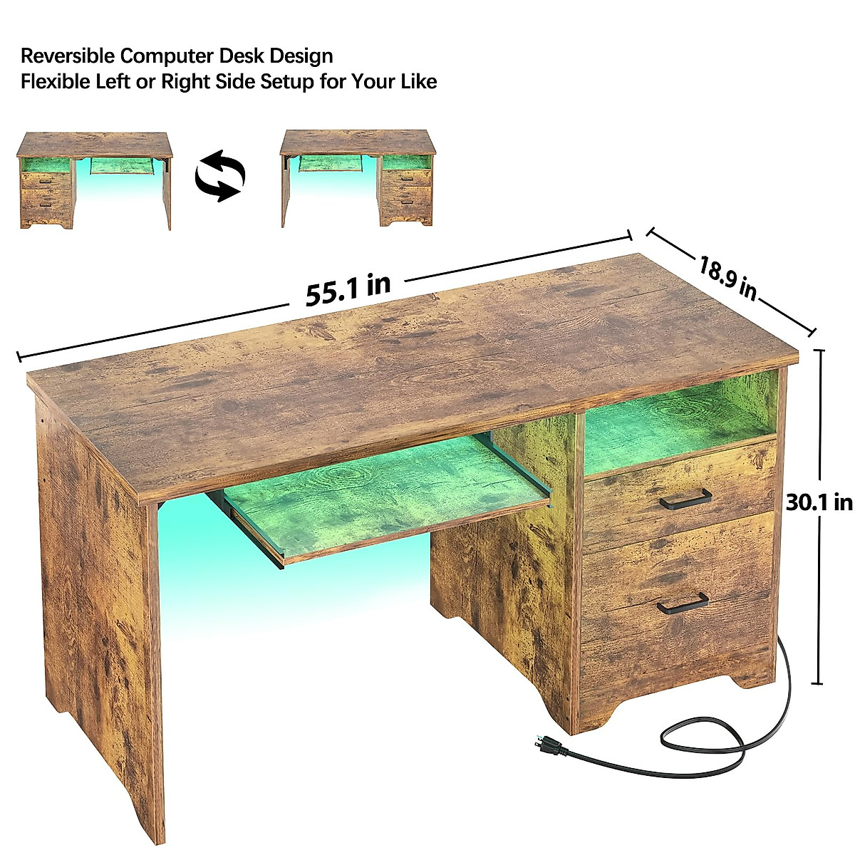 Hyomdeck Office Desk with File Cabinet, 55 Inch Reversible Computer Desk with Smart LED Light and Power Outlet, Sturdy Gaming Desk with Keyboard Tray & Storage Drawers, Easy to Assemble, Rustic Brown