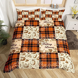 Fall Pumpkin Bedding Set Queen Size,Maple Leaves Plants Duvet Cover Set for Kids Girls Boys Teens Room Decor,Orange Black Plaid Patchwork Comforter Cover Vintage Rustic Quilt Cover,2 Pillowcases