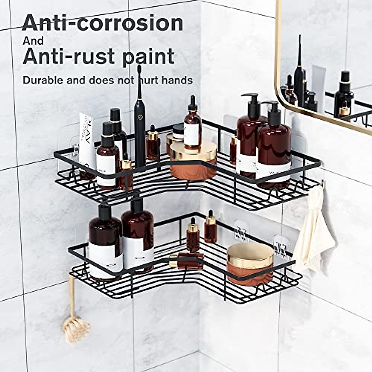 Ookeg 2 Pack Shower Caddy Corner, Corner Shower Shelf for Bathroom, 2 Tier Shower Corner Shelf with 8 Hooks, No Drilling Self Adhesive