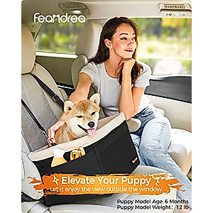 Feandrea Dog Car Seat, Pet Booster Seat for Small Dogs up to 18 lb, with Adjustable Straps, Removable Washable Fleece Liner, 4 Pockets, for Front Seats, Back Seats, Black and Beige UPBS042B01