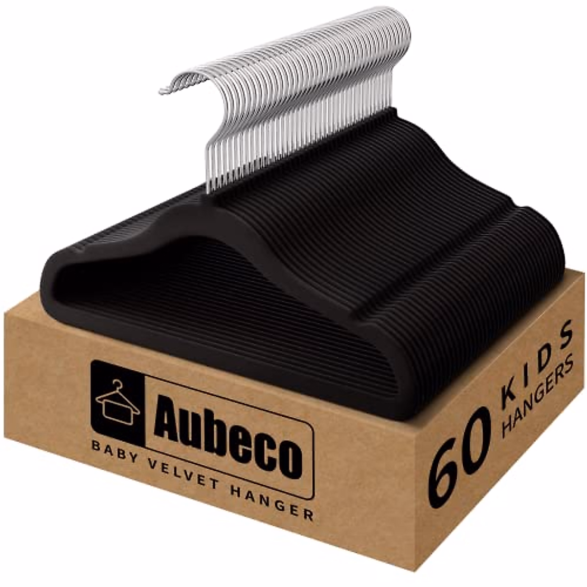 Aubeco Baby Velvet Hangers 60 Pack, 11.7'' Non Slip Felt Hangers for Closet, Baby Clothes Hangers Space Saving, 360° Swivel Hook-Black