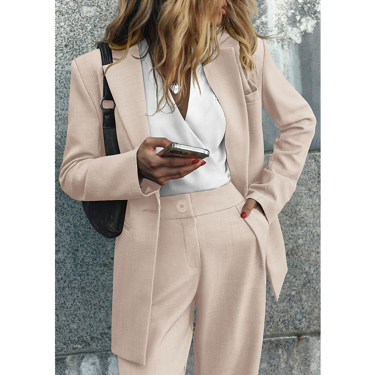 PRETTYGARDEN Women's Fall Two Piece Outfits Dressy Blazer Jacket and Wide Leg Pants Pockets Business Casual Office Suit Sets (Beige,Medium)